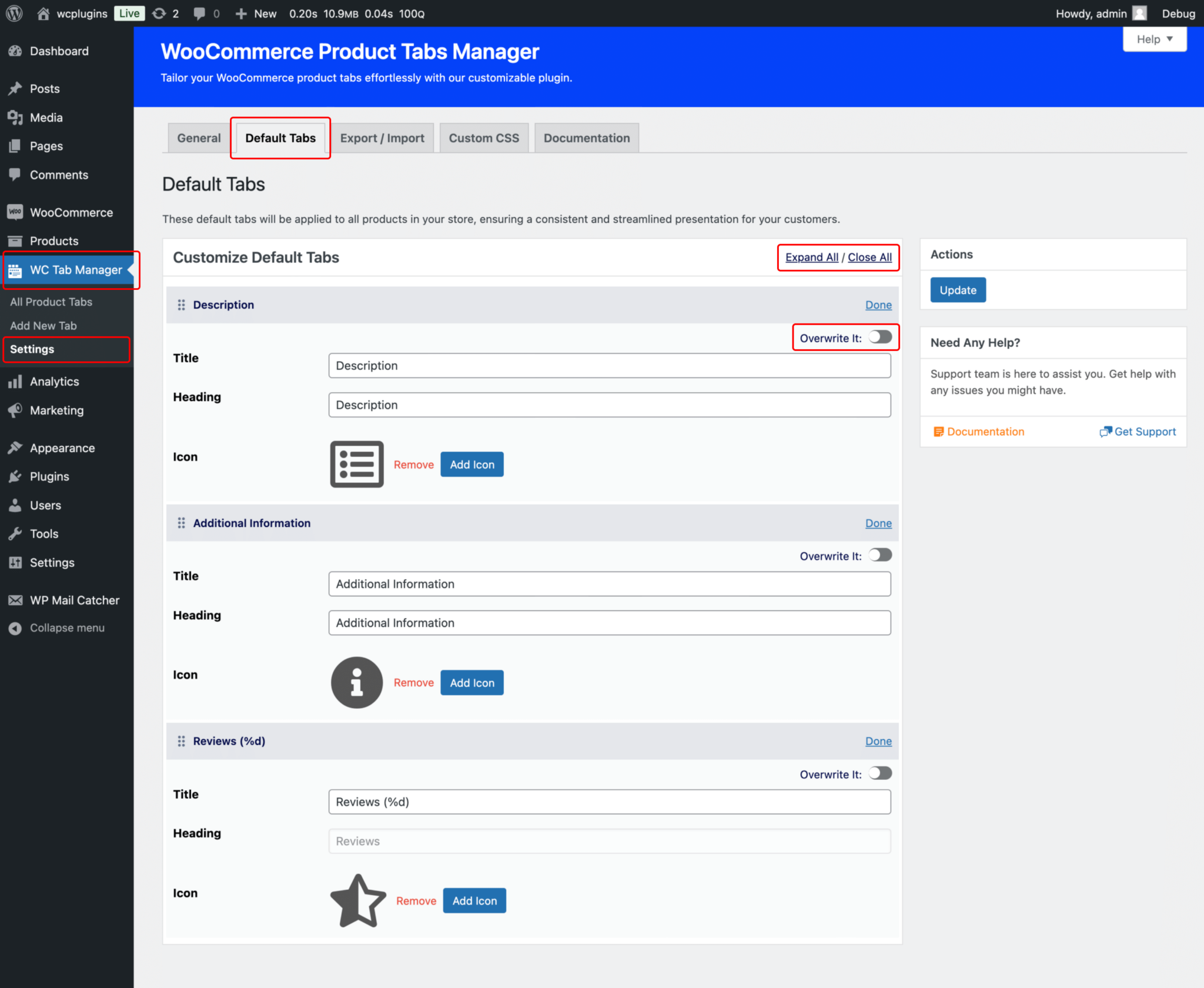 How to Configure Default Tabs Settings for WC Tab Manager